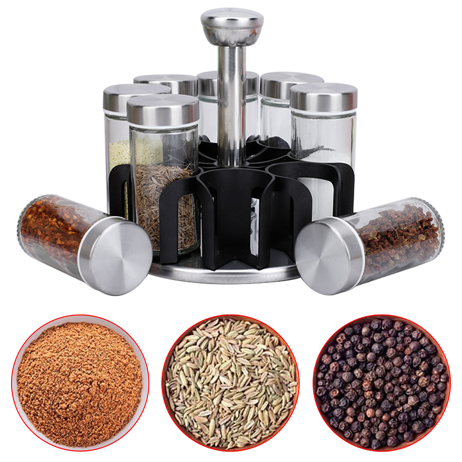 Spice Jar Set Rack Glass Organizer Rotating Glass Seasoning Sugar ...