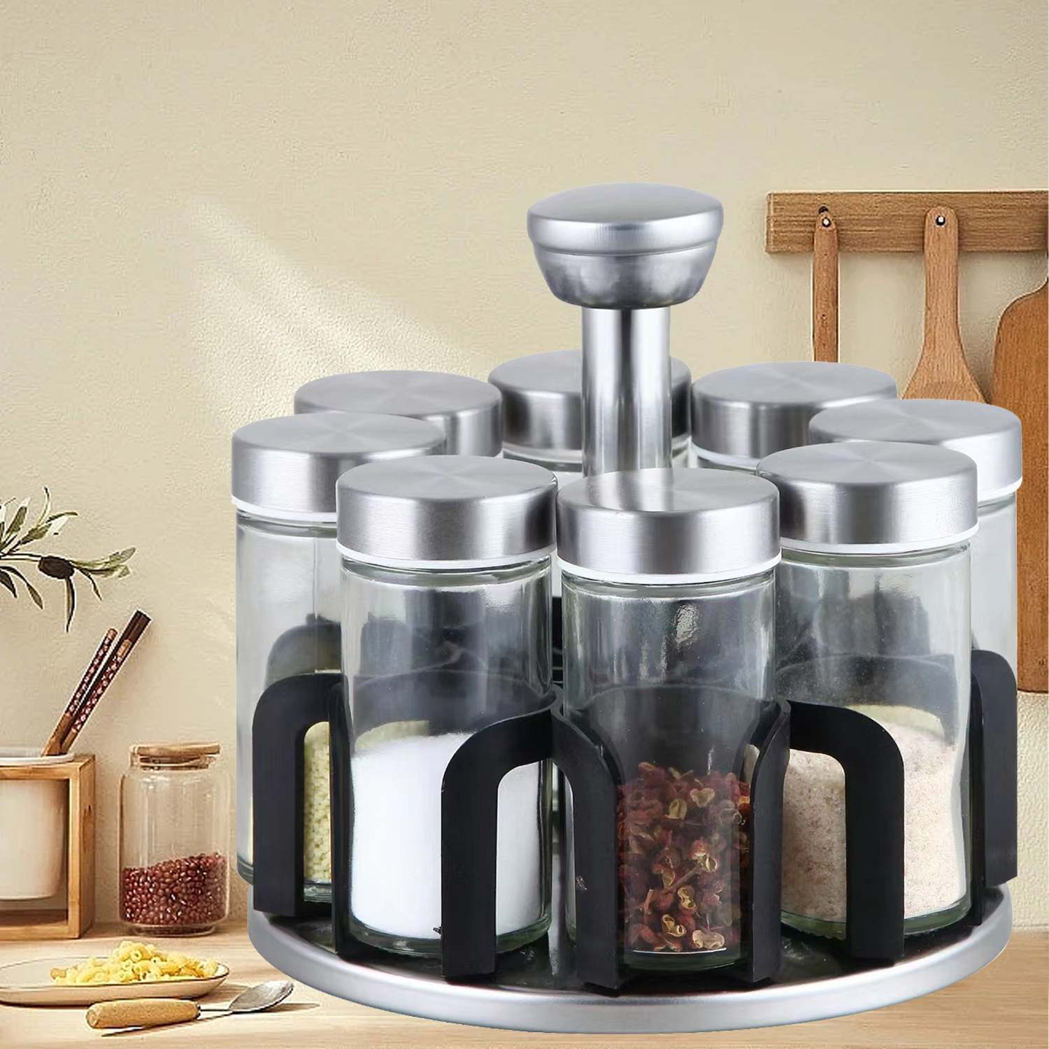 Spice Jar Set Rack Glass Organizer Rotating Glass Seasoning Sugar ...