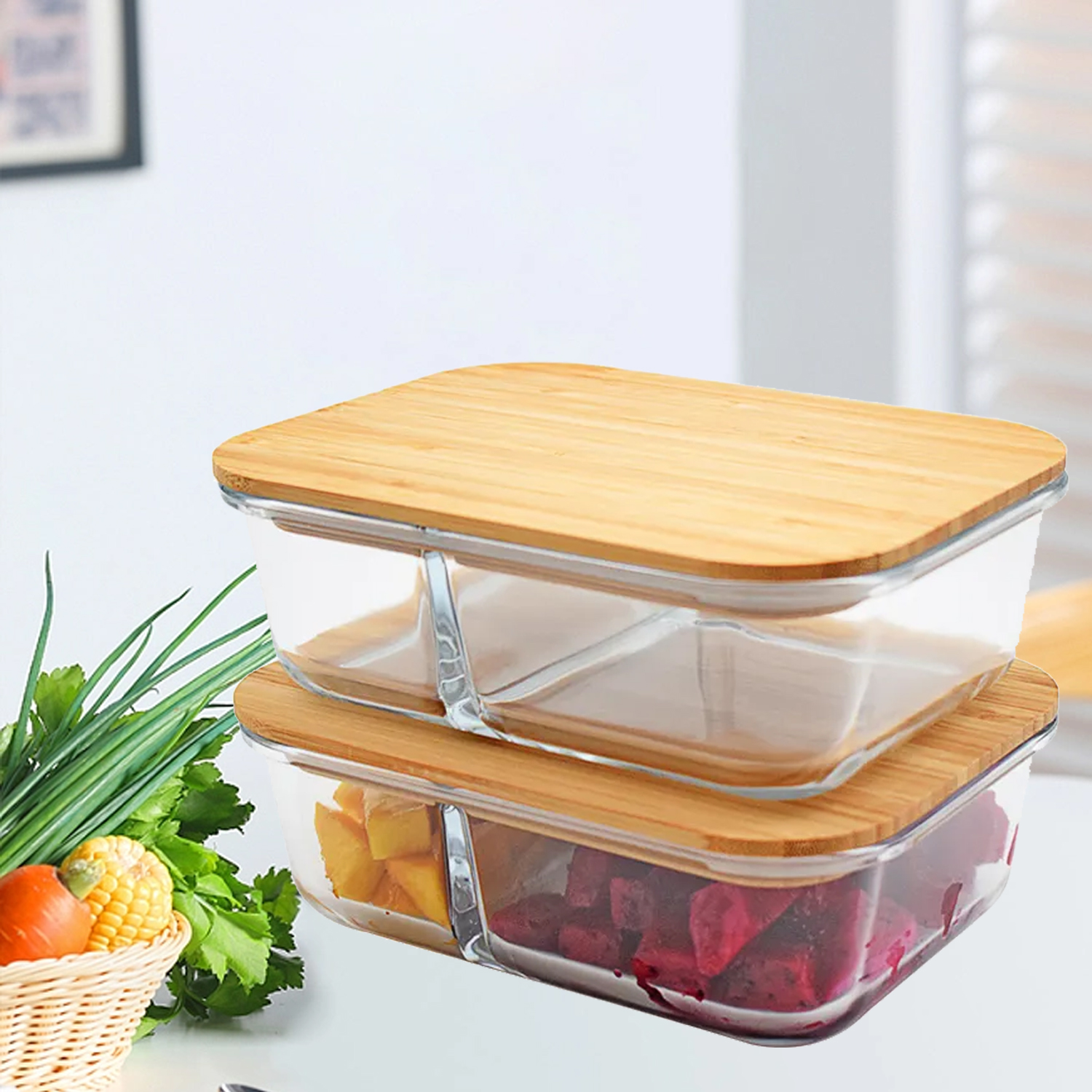 Glass Lunch Box Bamboo Wood Cover Fresh Bowl Storage Box Portable ...