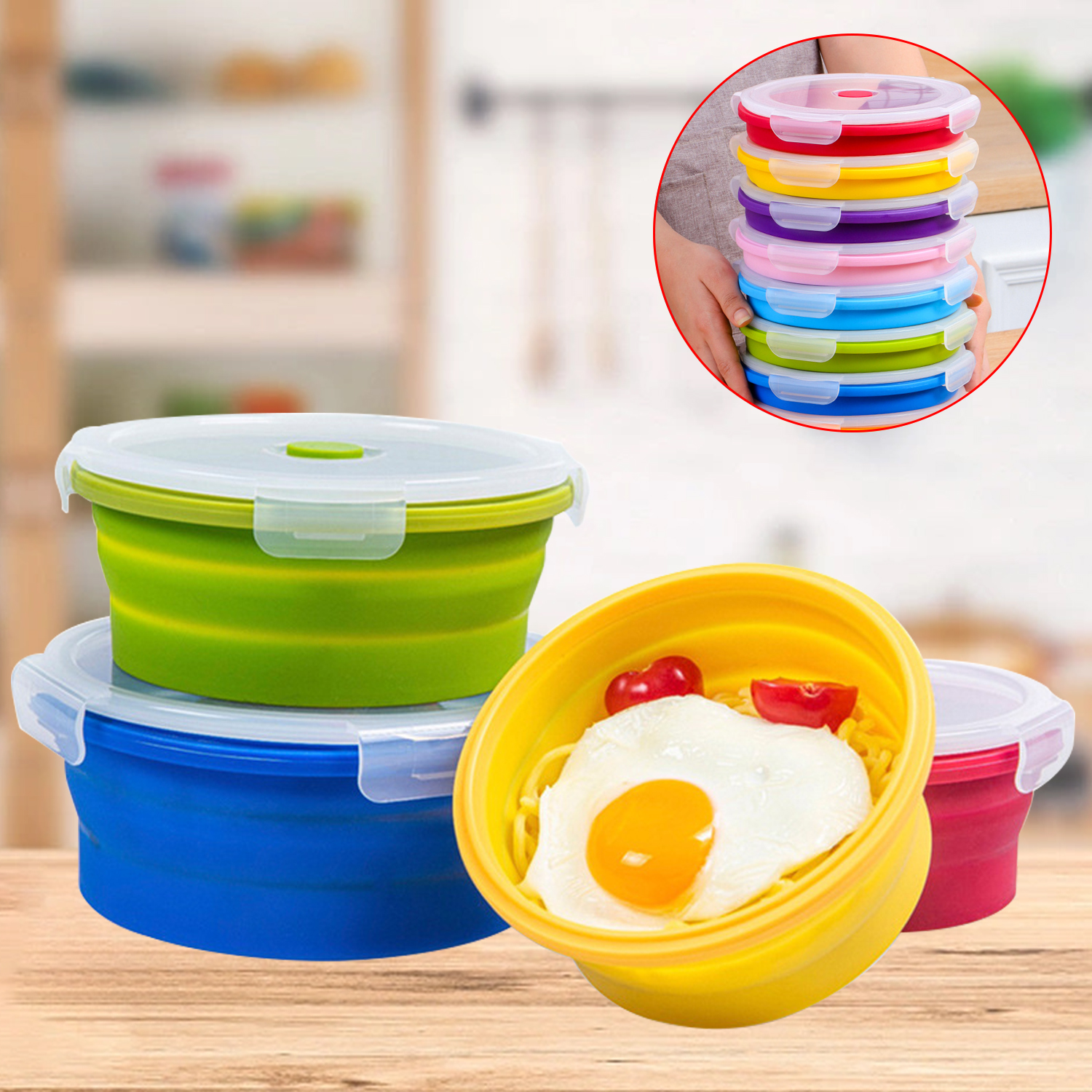 Silicone Folding Lunch Box with Lid 350ML/500ML/800ML/1200ML 4-piece ...