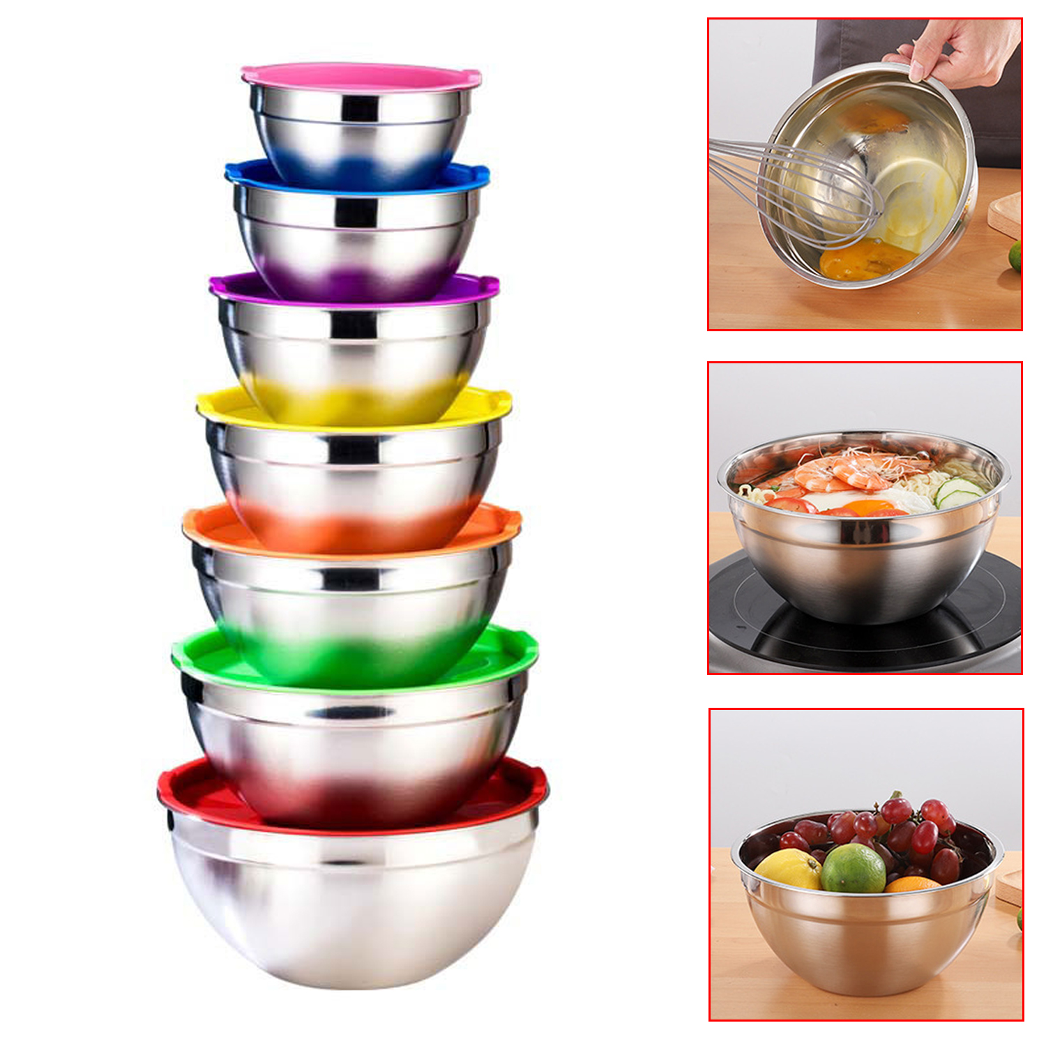 Colorful Stainless Steel Salad Bowl With Lid Kitchen Egg Mixing Bowls 7 ...