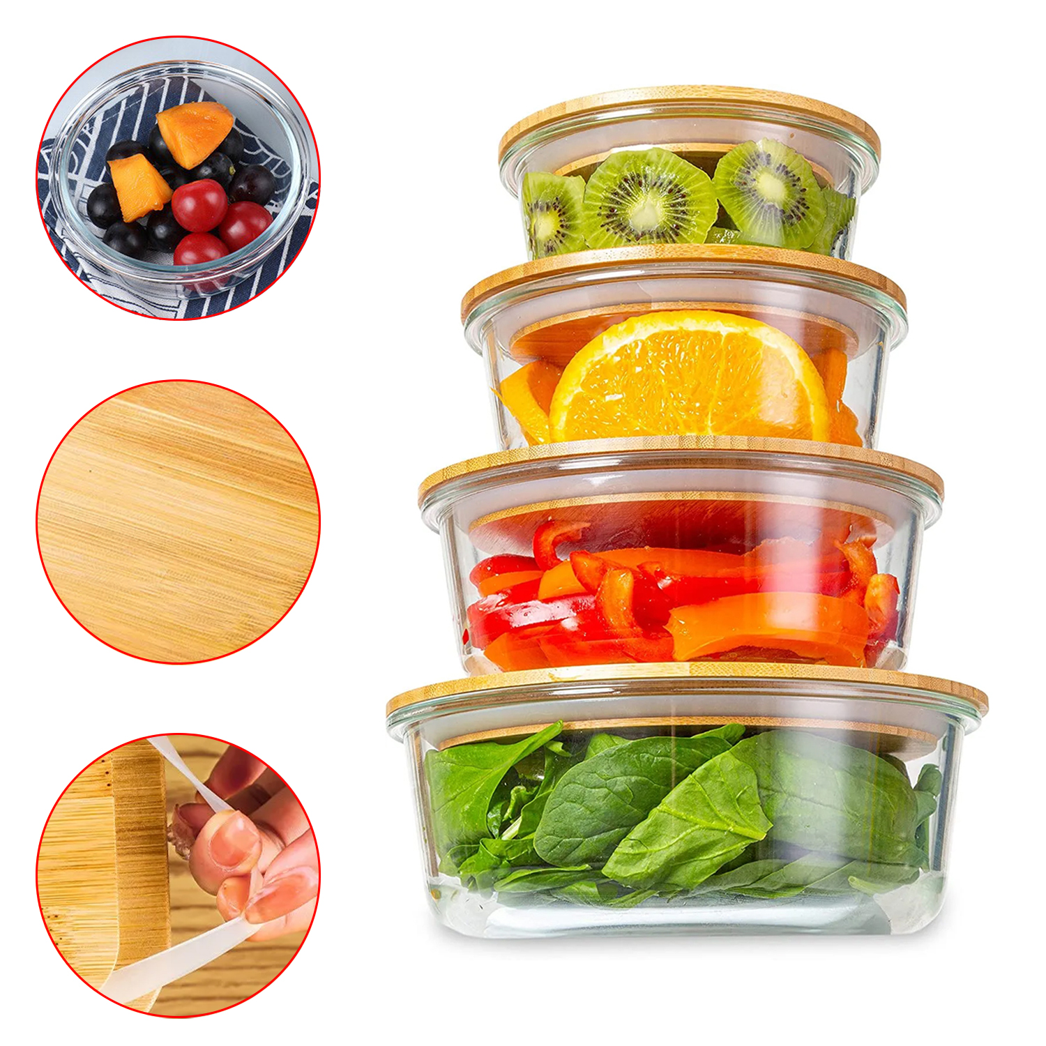 Round Glass Crisper Round Glass Food Container Bamboo Lid 400ml 620ml ...